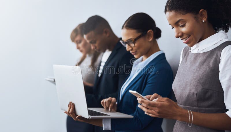 They Made the Grade. a Group of Young Businesspeople Waiting in Line ...