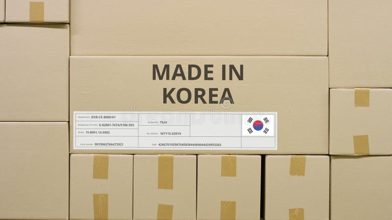 MADE in KOREA Text and Flag Label on the Carton in a Storage Stock ...