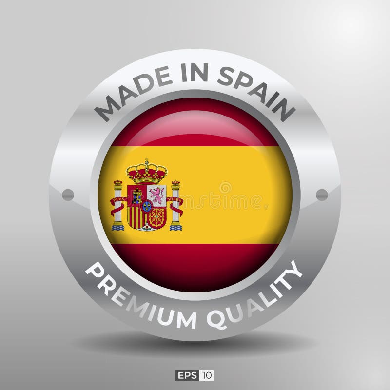 Made in Spain Label, Logo, Stamp Round Flag of Nation with 3D Silver ...