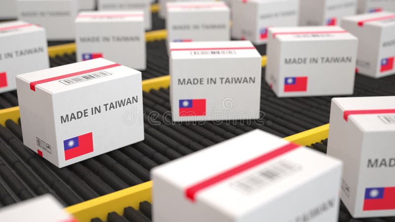 MADE in TAIWAN Text on White Boxes on the Industrial Conveyor. 3D ...