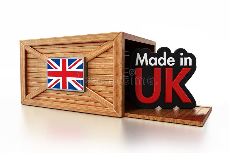 Made in UK Text Inside Cargo Box with British Flag. 3D Illustration ...