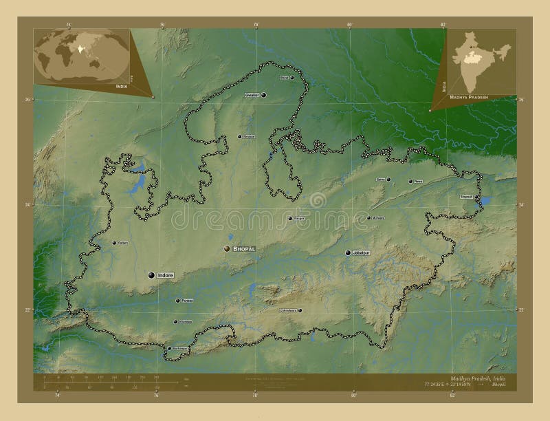 Madhya Pradesh, India. Physical. Labelled Points of Cities Stock ...