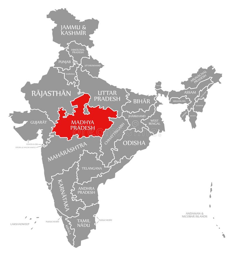 Madhya Pradesh Red Highlighted in Map of India Stock Illustration ...
