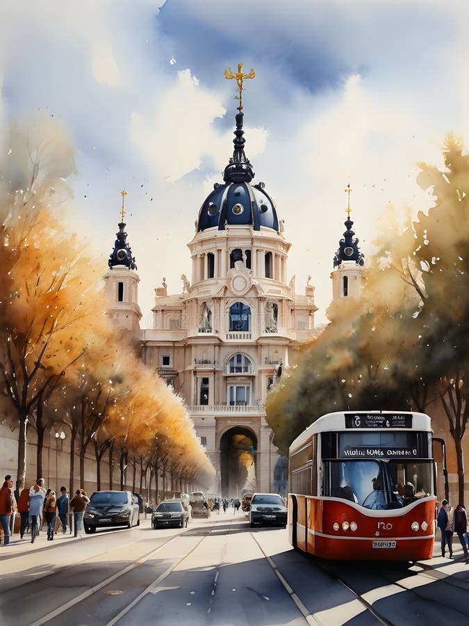 Madrid City Spain Watercolor Art Stock Illustration - Illustration of ...
