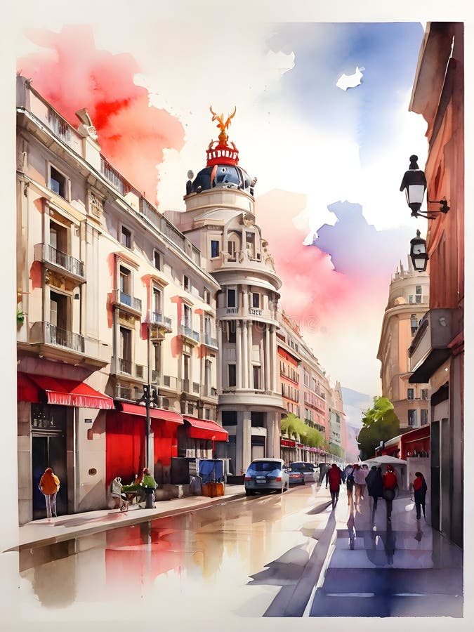 Madrid City Spain Watercolor Art Stock Illustration - Illustration of ...