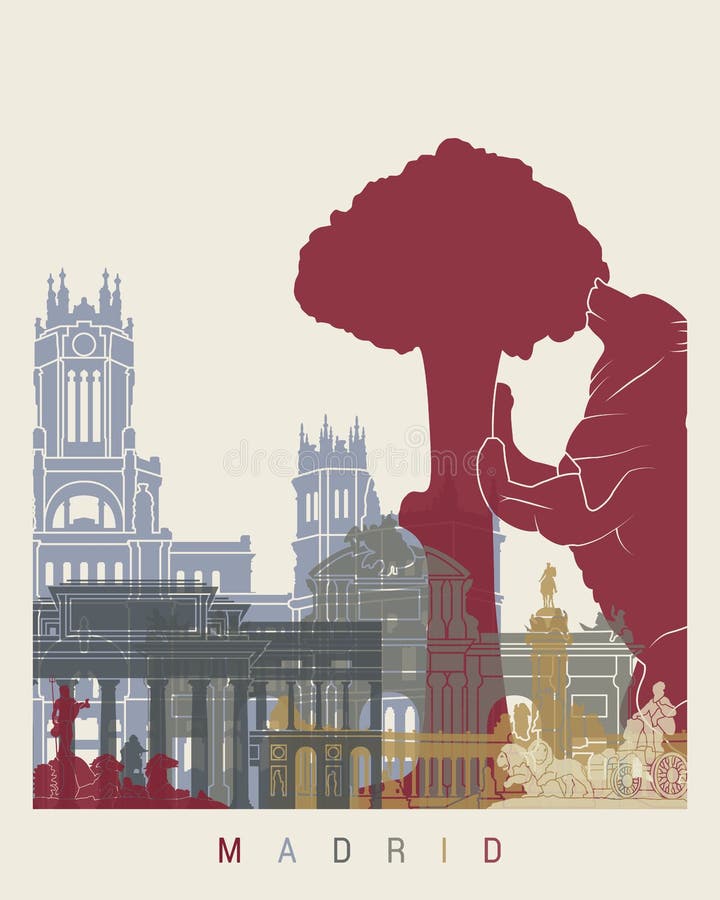 Madrid skyline cartoon stock illustration. Illustration of europe - 490040