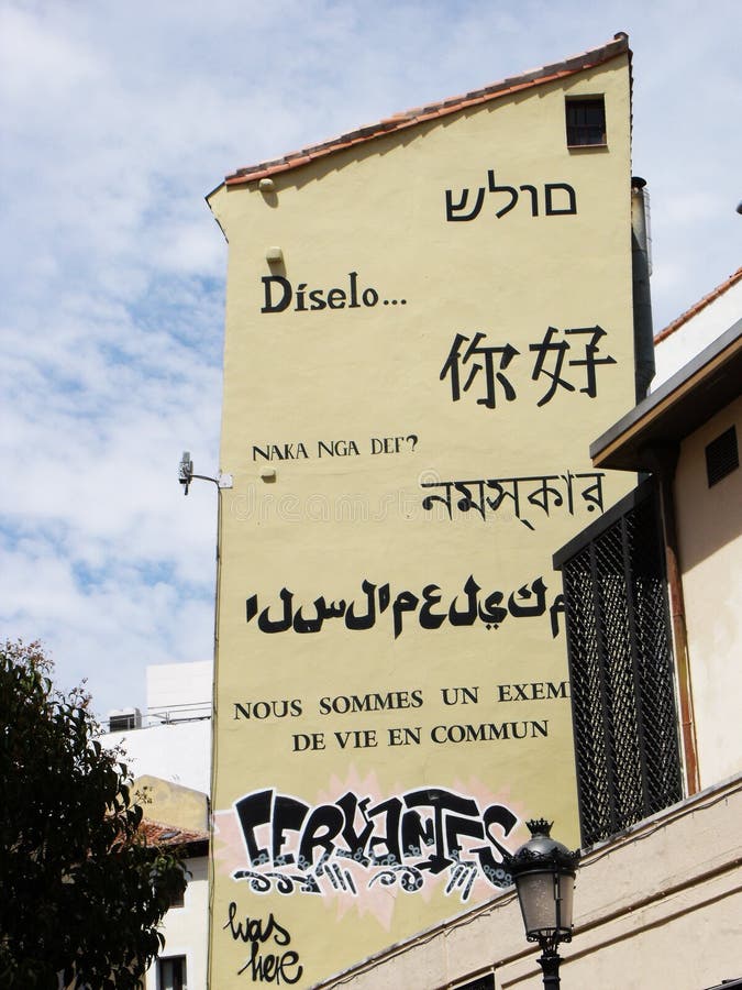 Facade of a Building Decorated in Different Languages. Madrid Editorial ...