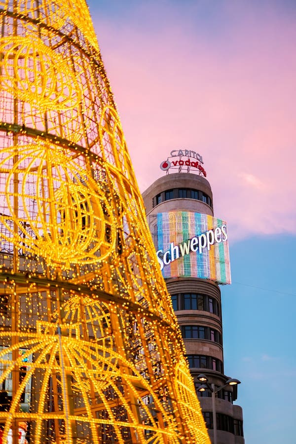 Christmas Tree in Madrid and the Schwepps Skyscraper Building in the ...