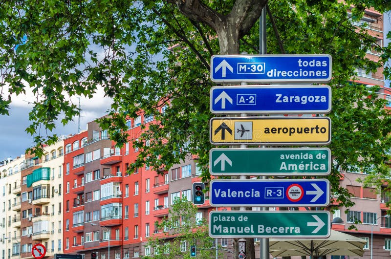 Traffic Sign Indicating Directions in Madrid, Spain Editorial ...