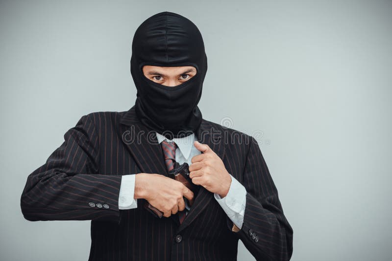 Bank Robbery, Robber in Black Uniform and Mask Stock Photo - Image of ...