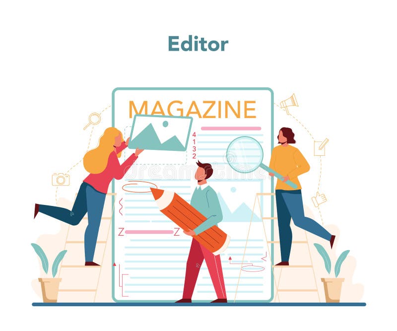 Magazine Editor Concept. Journalist and Designer Working Stock Vector ...