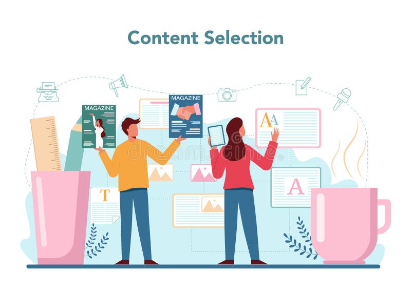 Magazine Editor Concept. Journalist and Designer Working Stock Vector ...
