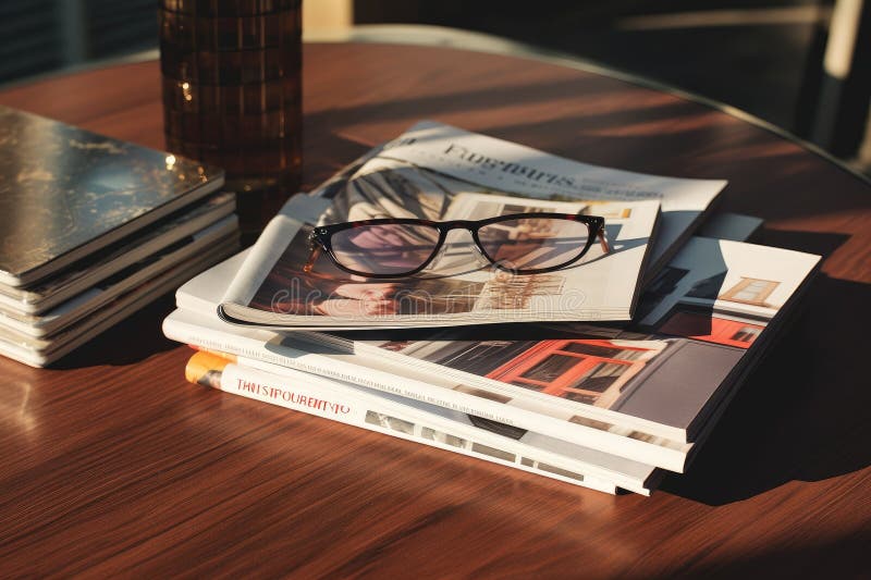 Magazines on Table with Eyeglasses Stock Illustration - Illustration of ...