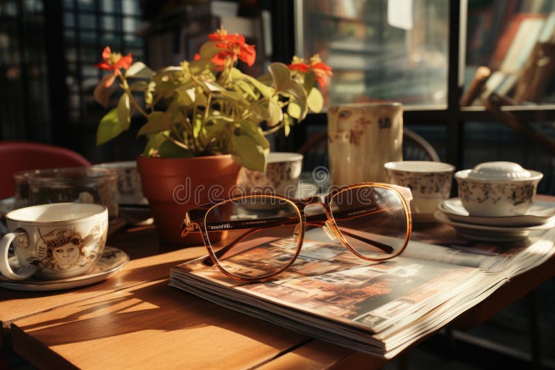 Magazines on Table with Eyeglasses Stock Illustration - Illustration of ...