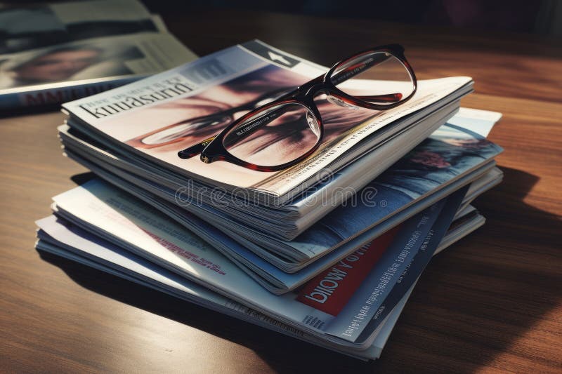 Magazines on Table with Eyeglasses Stock Illustration - Illustration of ...