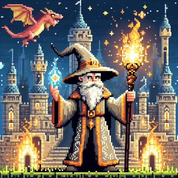 Mage Character Illustrator Design in Front of Castle,pixel Art Stock ...