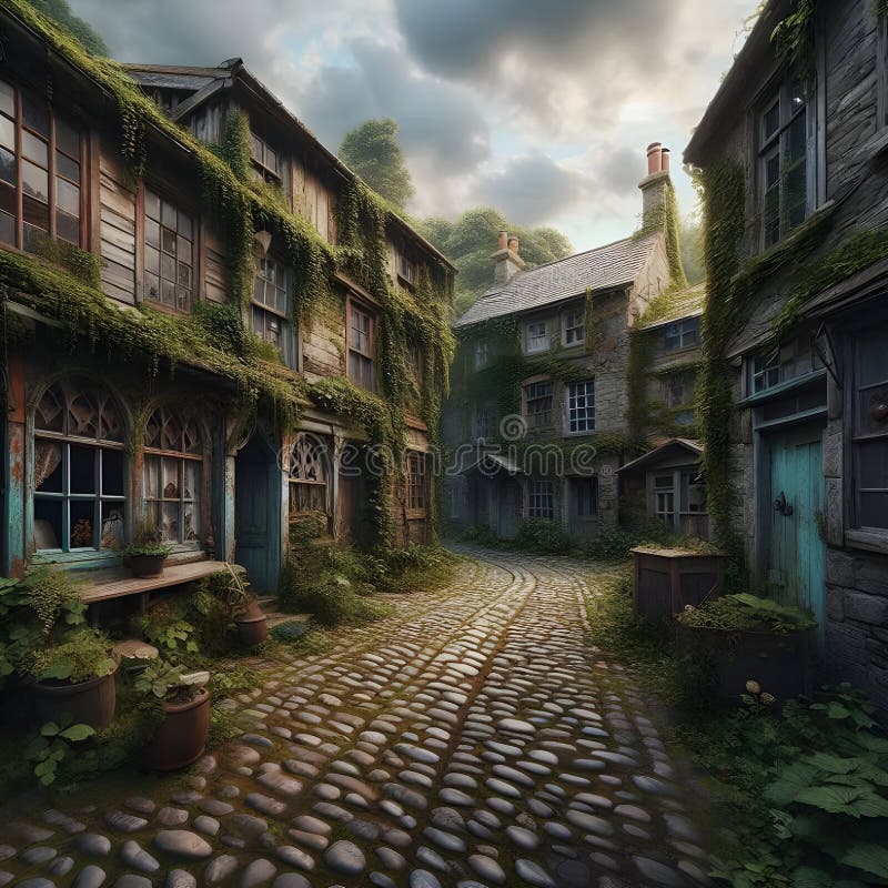 Mage of Strange Abandoned Yard,cobblestone Road,overgrown and Weathered ...