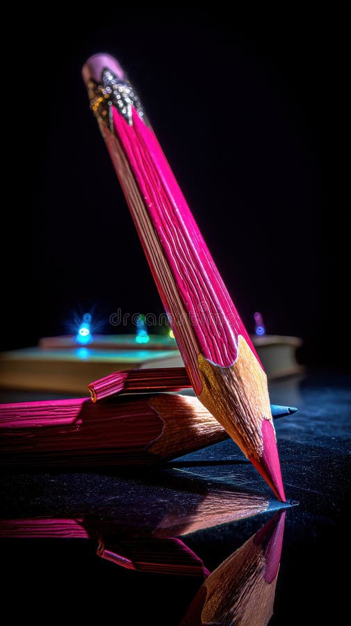 Magenta Colored Pencils Standing with Reflection on a Shiny Surface ...