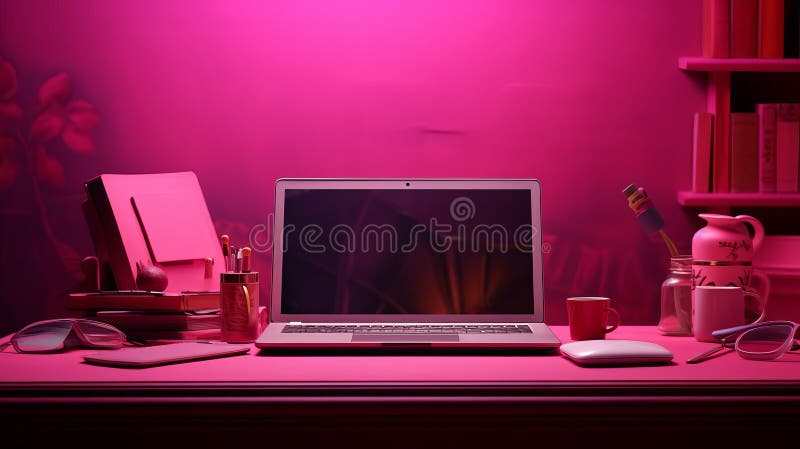 Magenta Computer Lying on a Table in a Study Room Stock Illustration ...