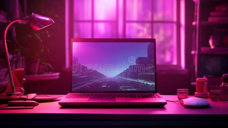 Magenta Computer on a Table in a Study Room Stock Illustration ...