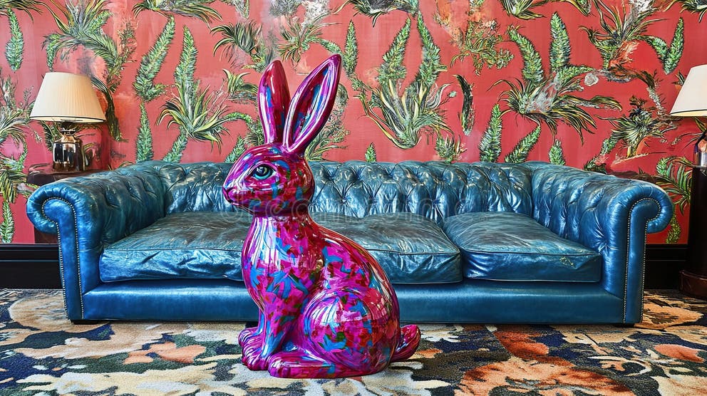 Magenta Rabbit Statue on Teal Sofa, Tropical Backdrop, Interior Design ...