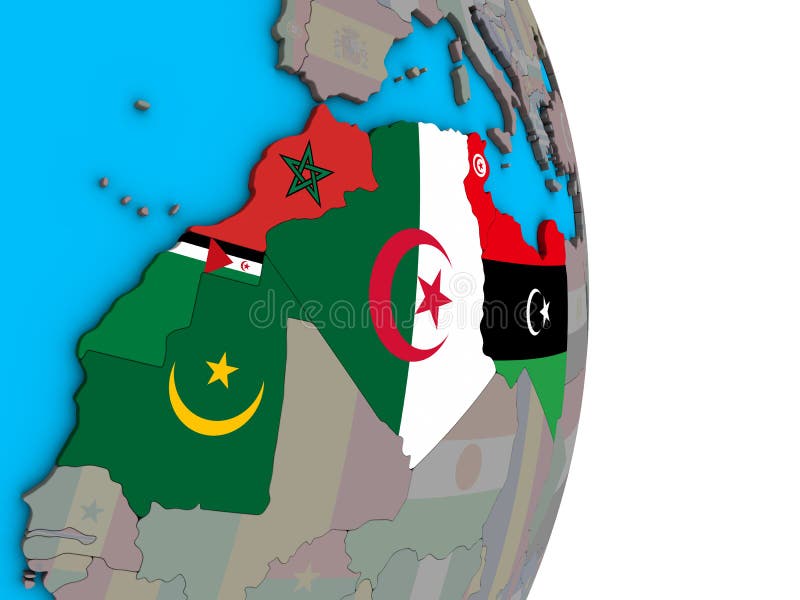 Maghreb Region with Flags on 3D Globe Stock Illustration - Illustration ...