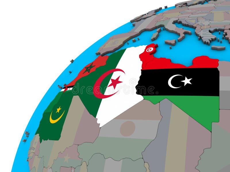 Maghreb Region with Flags on 3D Globe Stock Illustration - Illustration ...