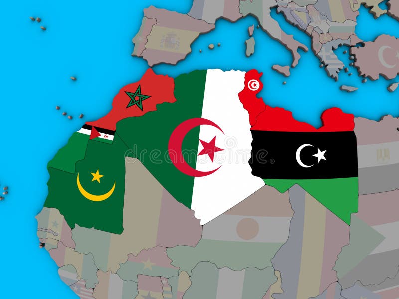 Maghreb Region with Flags on 3D Map Stock Illustration - Illustration ...