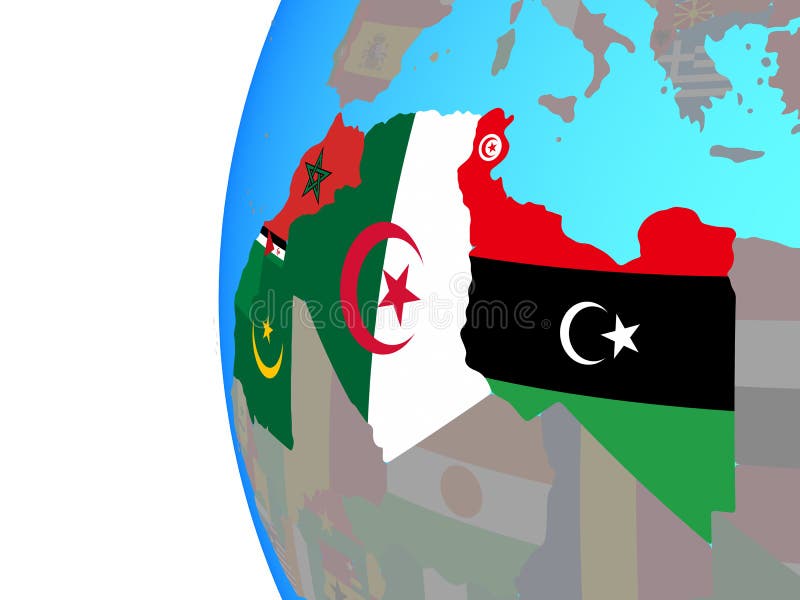 Maghreb Region With Flags On 3D Map Stock Illustration - Illustration ...