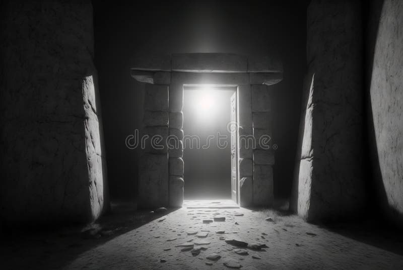 Magic Ancient Gate of the Dark Ruins. Black and White Background with ...