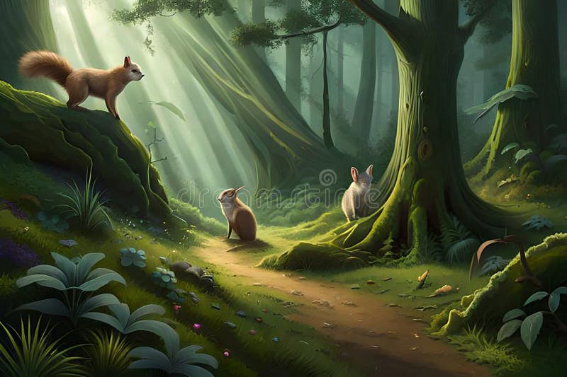 A Magic Animals in Adark Fantasy Forest Stock Illustration ...