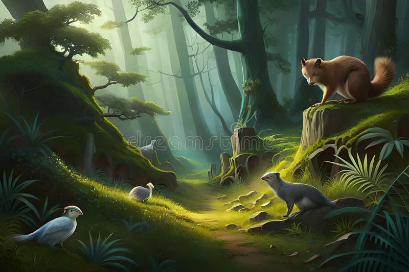 A Magic Animals in Adark Fantasy Forest Stock Illustration ...