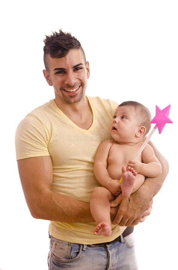 Magic Baby, Modern Young Father. Stock Photo - Image of isolated ...