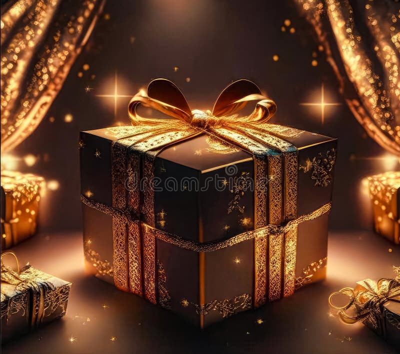 Magic Beautiful Big Gift. Golden, Beautifully Decorated Gift Box Stock ...