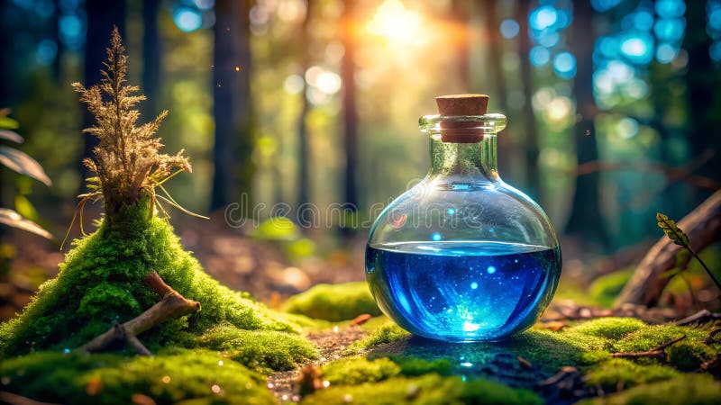Magic Blue Potion in a Beautiful Decorated Vial in Magic Forest Stock ...
