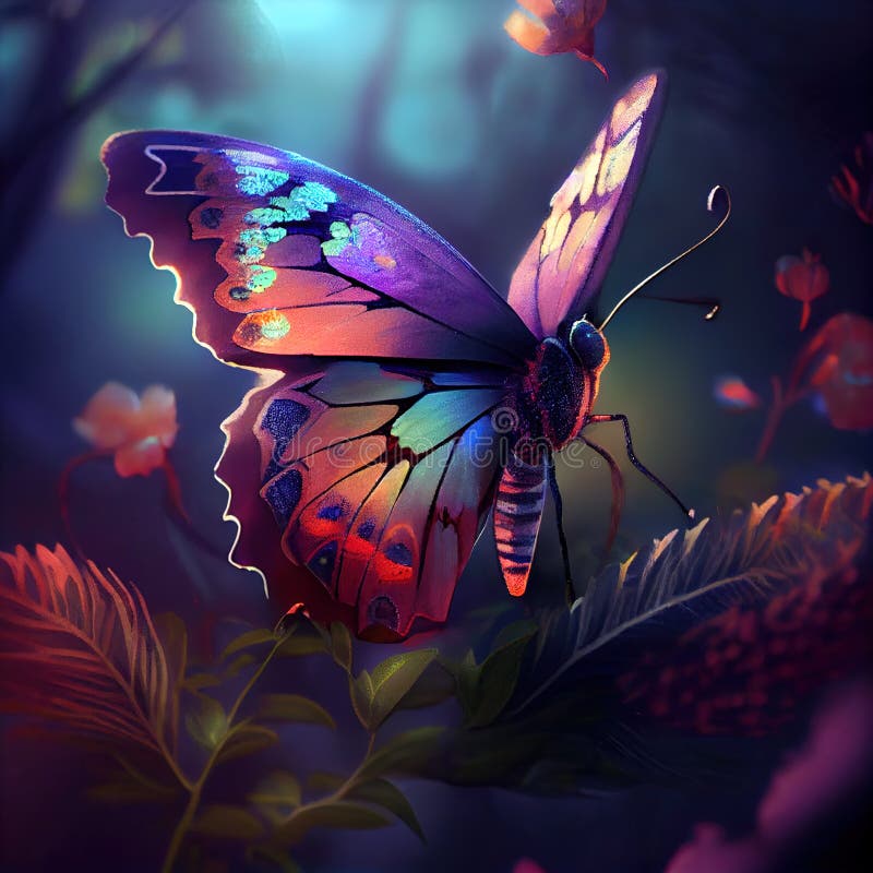 Generative AI: Magic Blue and Red Butterfly Stock Illustration ...
