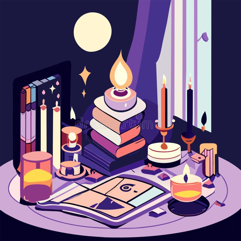 Magic Book and Candles on the Table. Vector Illustration in Flat Style ...