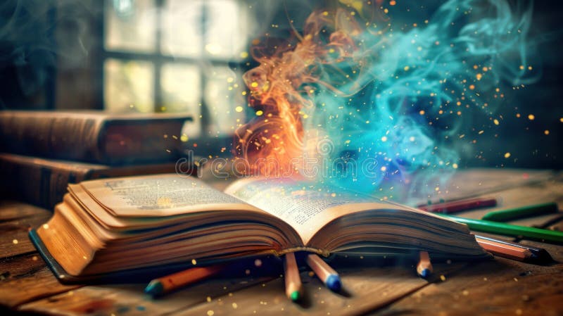 Magic Book and Color Pencils and Mysterious Colors. Stock Image - Image ...