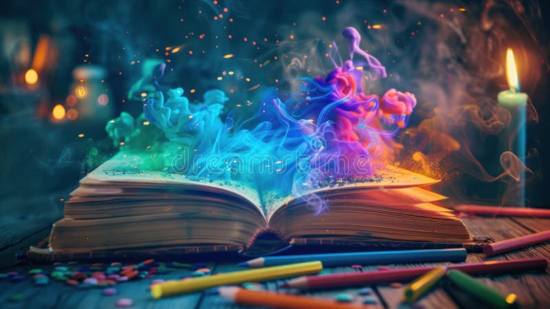 Magic Book and Color Pencils and Mysterious Colors. Stock Image - Image ...