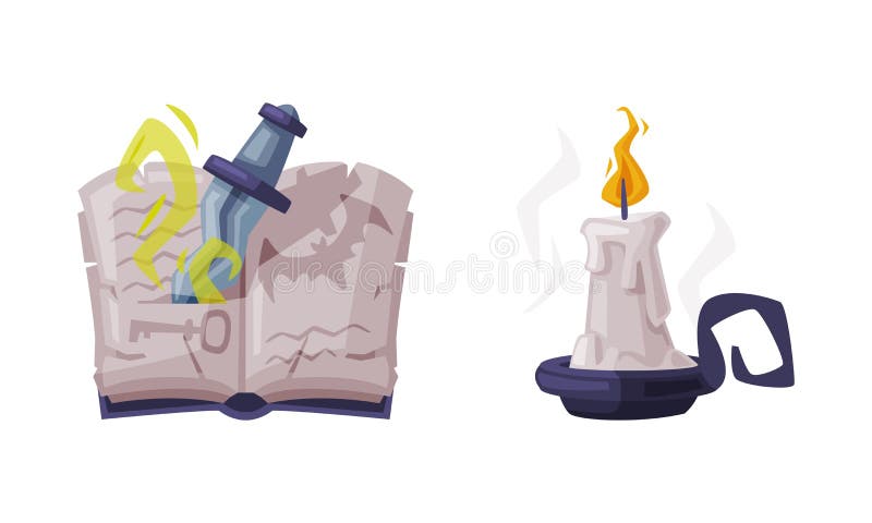 Magic Book with Dagger and Candle in Candlestick. Witchcraft Attributes ...