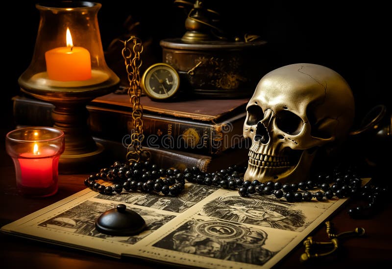 Magic Book with Devil Skull and Black Candle on Witch Table. Wicca ...
