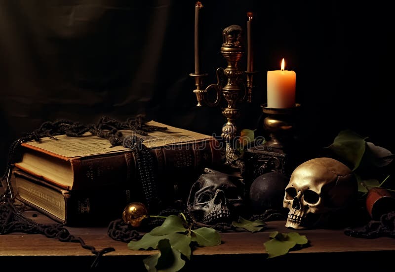Magic Book with Devil Skull and Black Candle on Witch Table. Wicca ...
