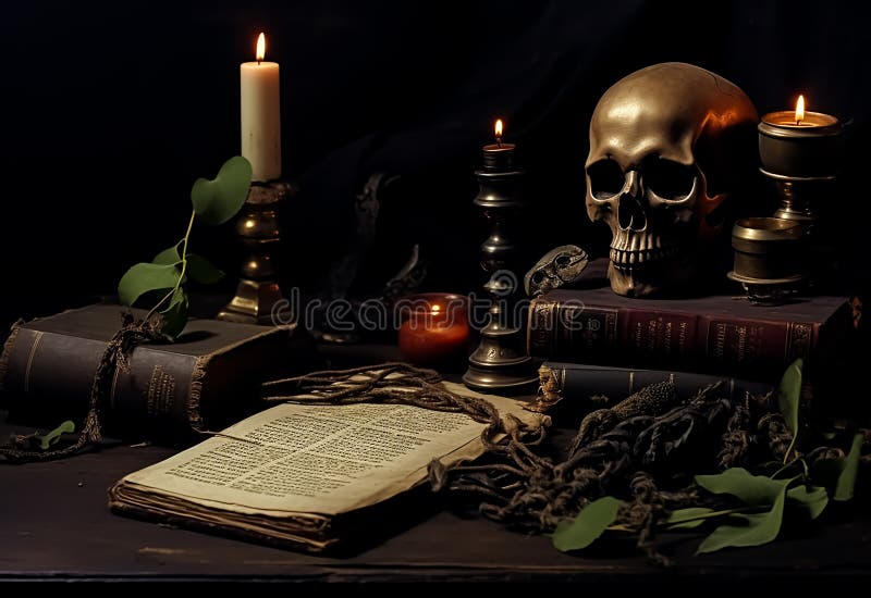 Magic Book with Devil Skull and Black Candle on Witch Table. Wicca ...