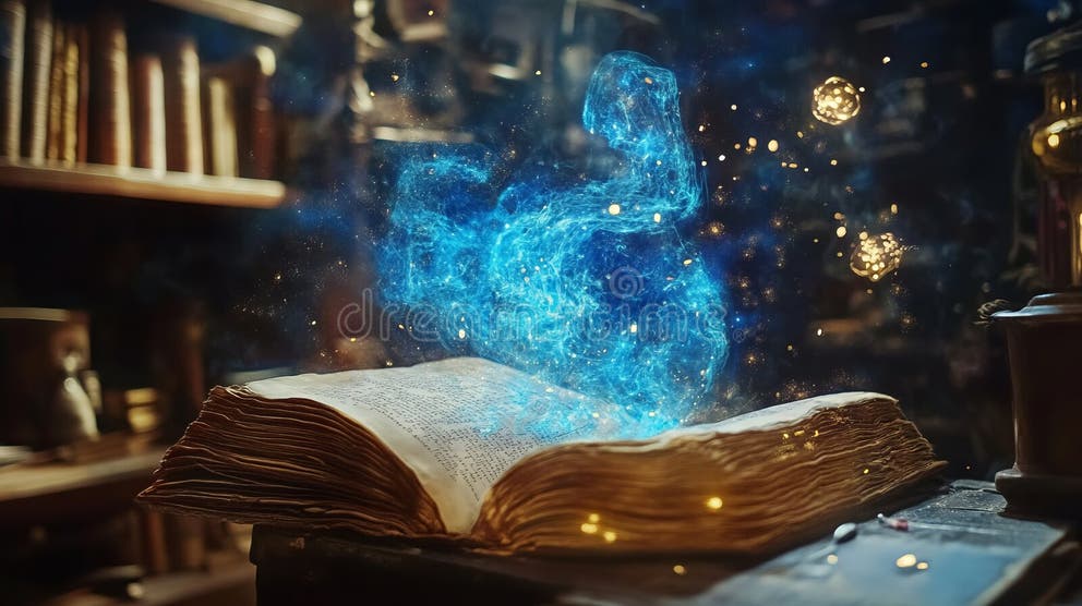 Magic Book with Glowing Spell and Old Library Stock Illustration ...