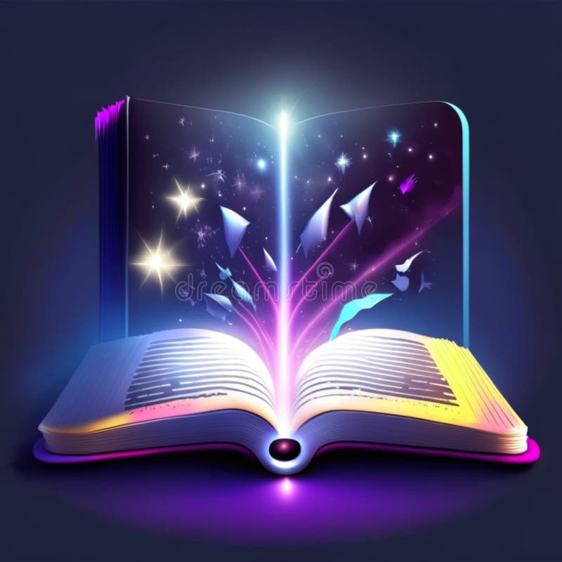 Magic Book with Magic Light and Stars. Vector Illustration in Neon ...