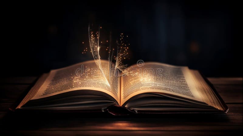 Magic Book with Open Pages and Abstract Lights Shining in Darkness ...