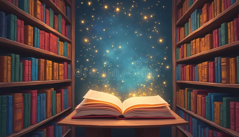 Magic Book Open on Table in Library with Glowing Lights Mystical ...