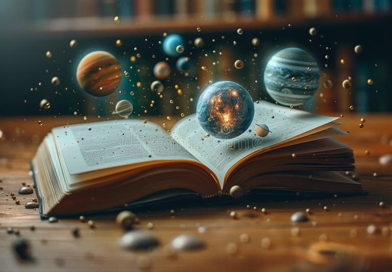 Magic Book and Planets in the Library Stock Photo - Image of ...