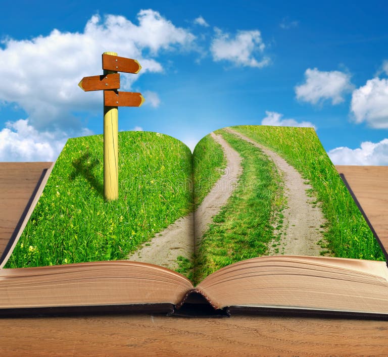 Magic Book with Road Inside and Signpost Stock Photo - Image of surreal ...