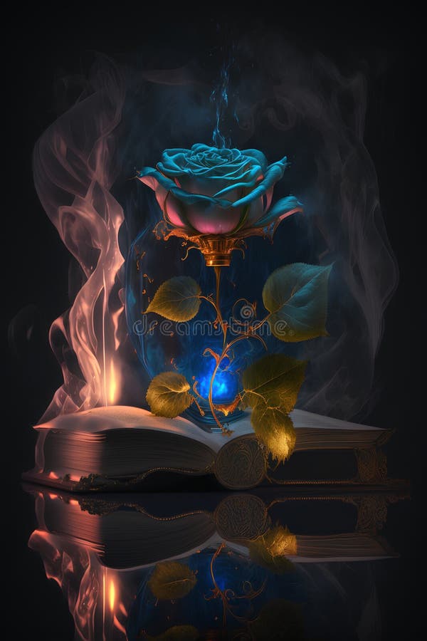 Magic Book with Rose and Smoke in the Dark, 3d Illustration Stock ...